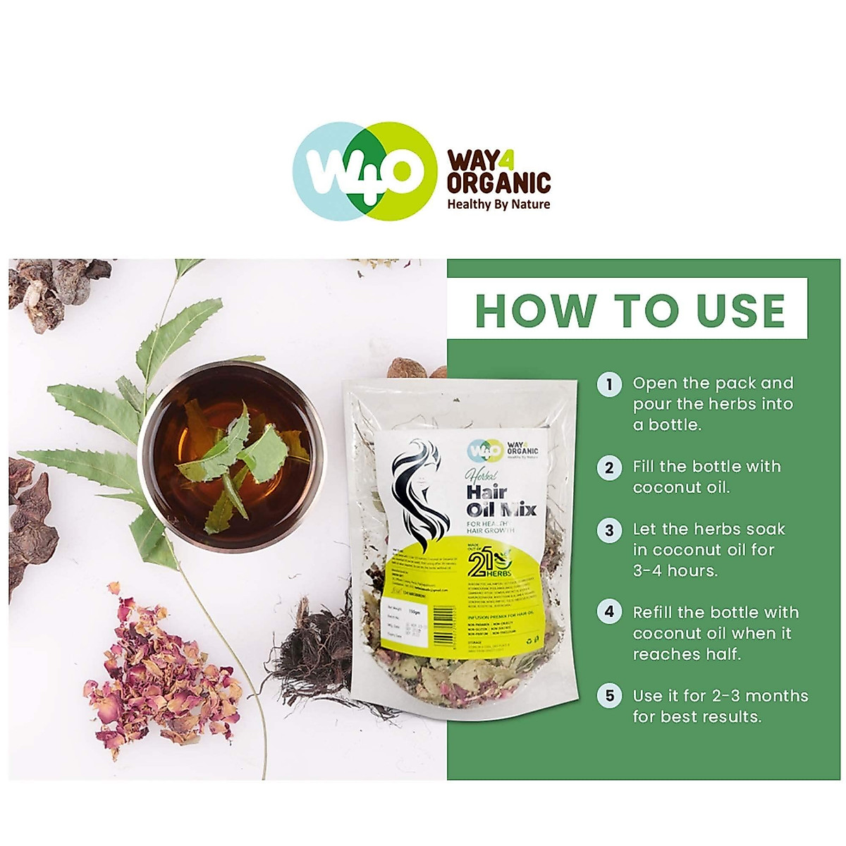 Herbal Hair Oil Mix of 21 Herbs for Thick Long Hair Growth 150 grams, Hairfall, Hair Repair, Scalp Care, Haircare Products Both for Men & Women - Way4Organic