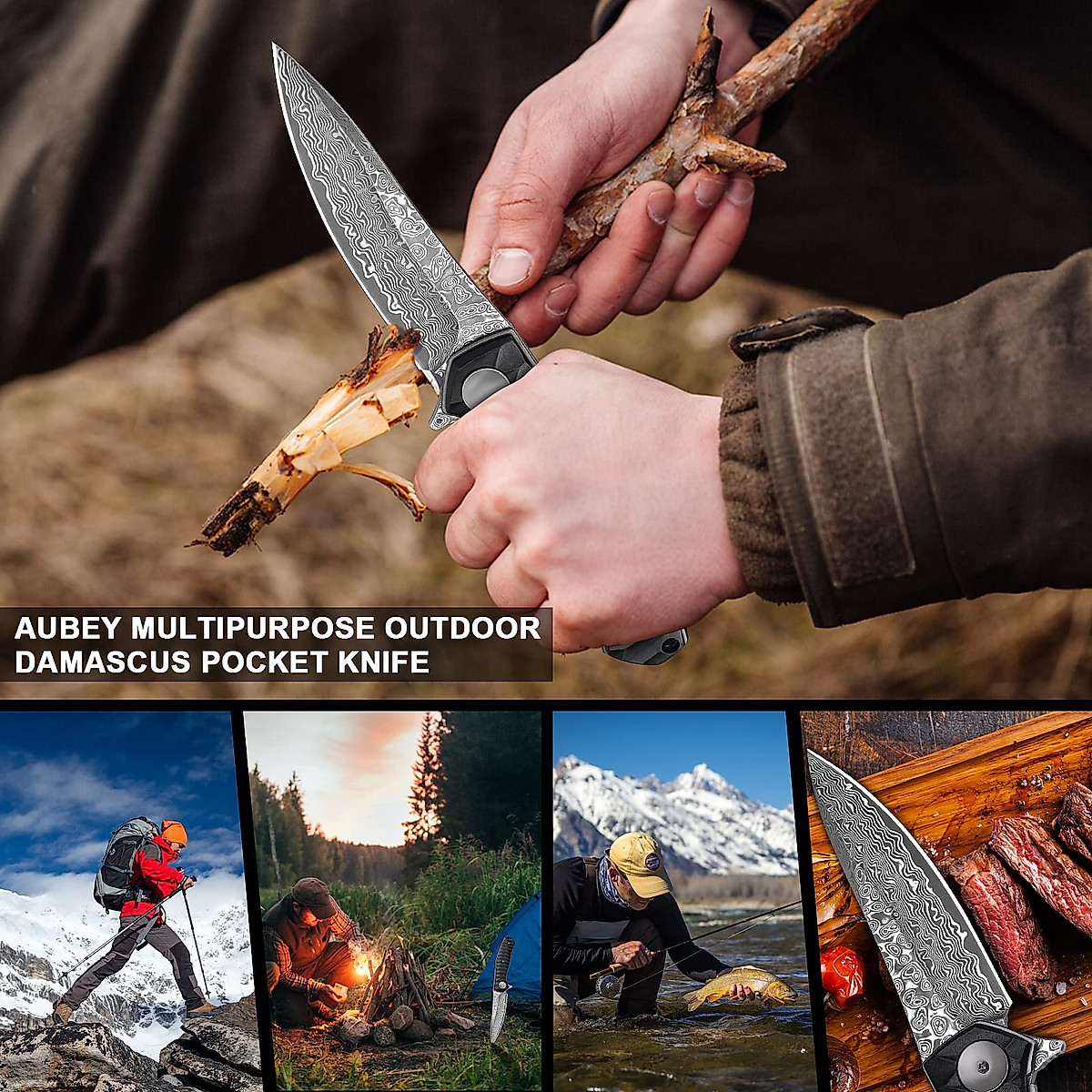 AUBEY Damascus Pocket Knife for Men with Clip EDC, 3.23" VG10 Core Damascus Steel Blade of Folding Knife with Black Aluminum Handle, Sharp Damascus Camping Knife