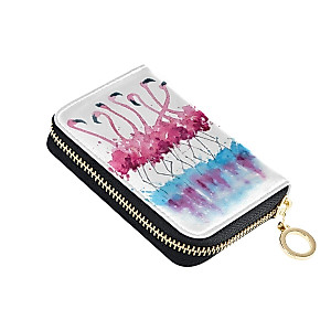 MOYYO RFID Credit Card Holder Case Watercolor Flamingos Leather Printed Zipper Card Case Wallet for Women Girls