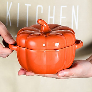 Zerodeko Ceramic Pumpkin Bowl with Lid, 420ml Halloween Bowl with Handle, Soup Bowl Candy Cookie Jar Stewing Bowl Salad Dish Pumpkin Decoration for Halloween Thanksgiving (Orange)