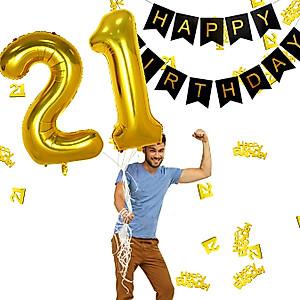 MOVINPE 21st Black Gold Birthday Party Decoration, Happy Birthday Banner, Jumbo Number 21 Foil Balloon, 2 Fringe Curtain, Latex Confetti Balloon, Table Confetti for Boy Girl Men Women Anniversary