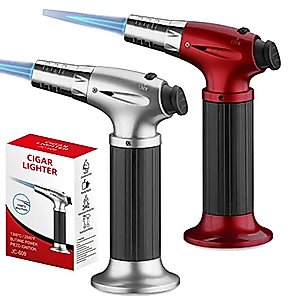 2 Pack Butane Torch Lighter,Refillable Blow Torch Kitchen Cooking Chef Torch Lighter with Safety Lock Adjustable Flame Torch Brulee Torch BBQ Baking Food Torch—Butane Gas Not Included (Silver, Red)