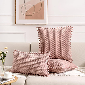 Fancy Homi 2 Packs Dusty Pink Decorative Throw Pillow Covers 18x18 Inch with Pom-poms for Couch Bedroom Living Room, Farmhouse Boho Home Decor, Soft Cute Plush Corduroy Blush Cushion Case 45x45 cm