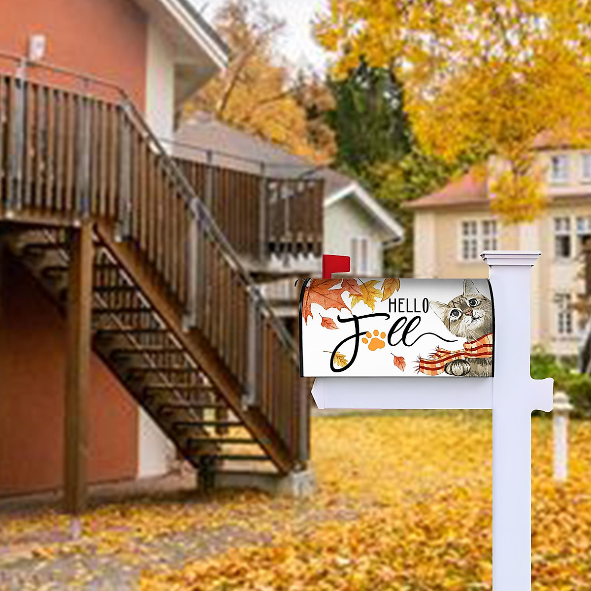 Fall Cat Mailbox Cover 21x18 Inch, Hello Fall Post Letter Box Covers, Autumn Harvest Thanksgiving Magnetic Waterproof Mail Wraps for Outdoor Yard Garden Standard Mailbox Decor
