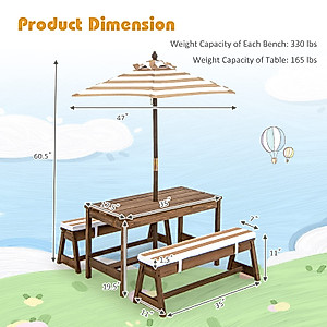 Costzon Kids Picnic Table, Toddler Wood Table & Chair Set w/Cushions, Height Adjustable Umbrella, Children Activity Table Outdoor Furniture Set for Patio, Garden, Backyard, Gift for Ages 3-8 (Coffee)