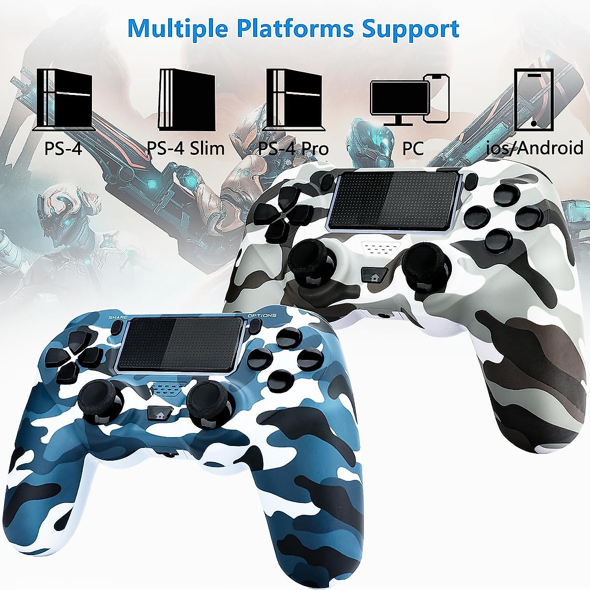 PGYFDAL 2 Pack Wireless Controller For PS4/Pro/PC, Gamepad with USB Cable/1000mAh Battery/Dual Vibration/6-Axis Motion Sensor/3.5mm Audio Jack/Multi Touch Pad/Share Button (Blue and Grey)