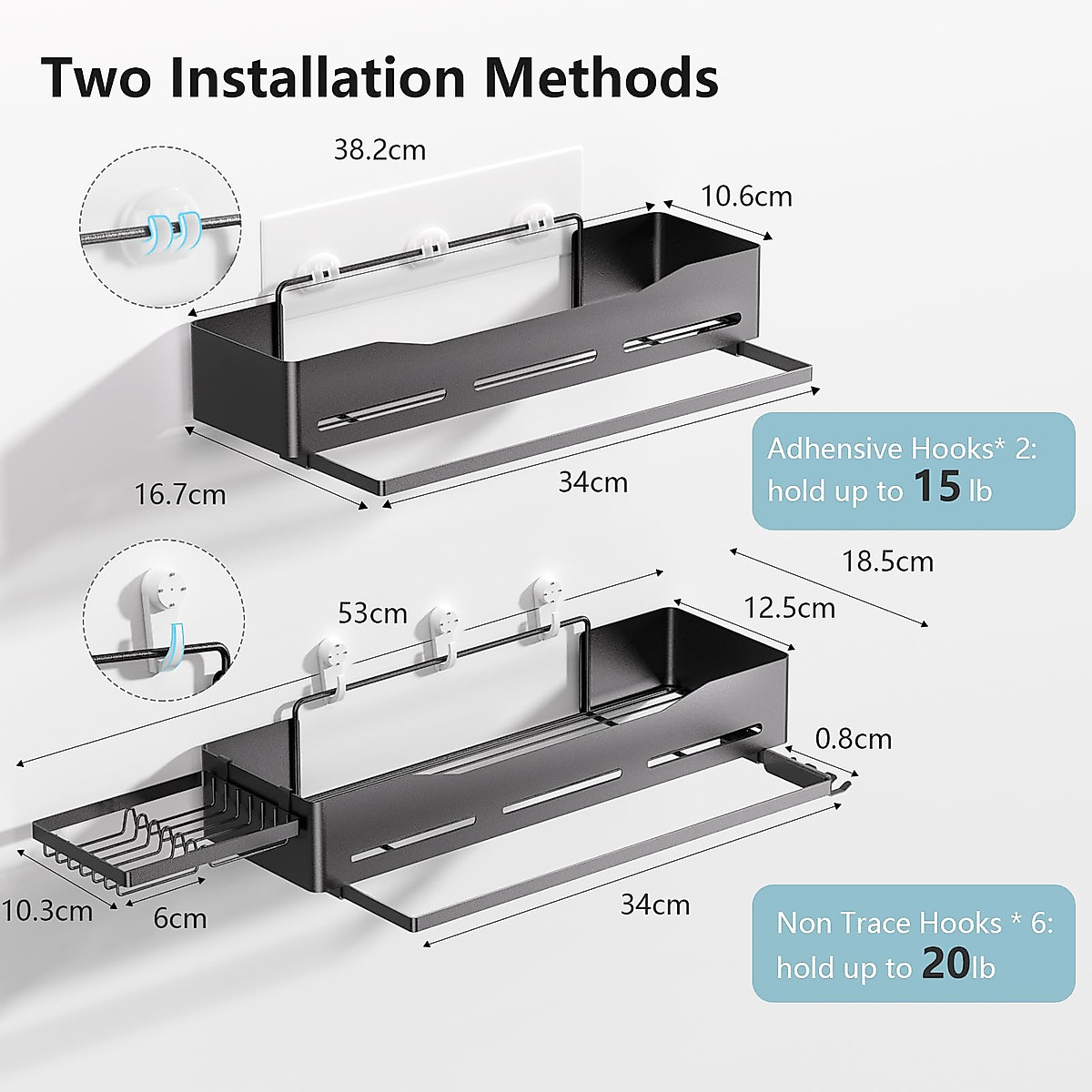 CLESOO Shower Caddy - 2 Pack No Drilling Adhesive Shower Rack with Soap Holder & 2 Toothbrush Holder - Rustproof Large Capacity Shower Organizer with Towel Rack for Bathroom, Kitchen Storage