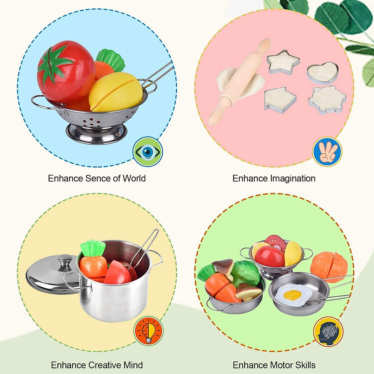 COSILY Kitchen Pretend Play Toys, Kids Cooking and Baking Set with Stainless Steel Cookware Pots and Pans Set, Cooking Utensils, Apron & Chef Hat, Cupcake Moulds, Cutting Vegetables for Boys and Girls