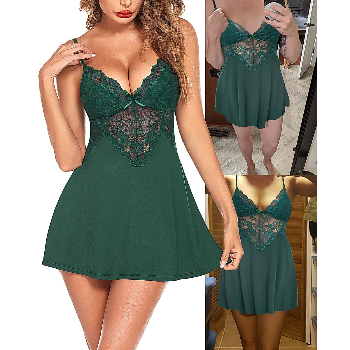 Avildlove Chemise Nightgowns for Women Sexy Sleepwear Modal Chemise Lace Lingerie Gown (Dark Green,L)