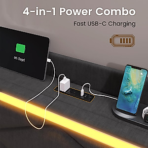 BTHFST King Bed Frame with LED Lights Headboard & USB-C/A Charging Station, Modern Upholstered King Size Platform Bed with Storage Drawers, No Box Spring Needed, Dark Gray