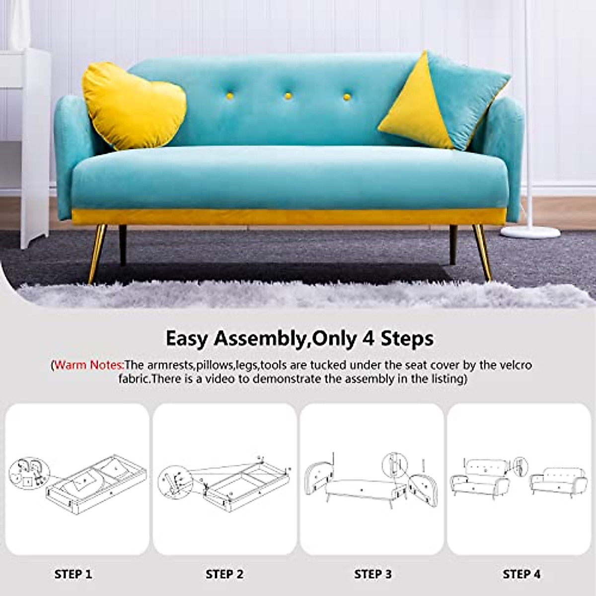 Betoko Tufted Velvet Loveseat Sofa Stylish Color Block Love Seats Couches Cute Cotton Candy Loveseat Sofas for Living Room Bedroom with Golden Metal Legs and Side Pockets (Light Blue)