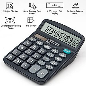 Comix Desktop Calculator 12 Digit with Large LCD Display and Big Button, 12 Digits Baisc Calculator, Solar Battery Dual Powered, for Office Home School C-1832 (Black)