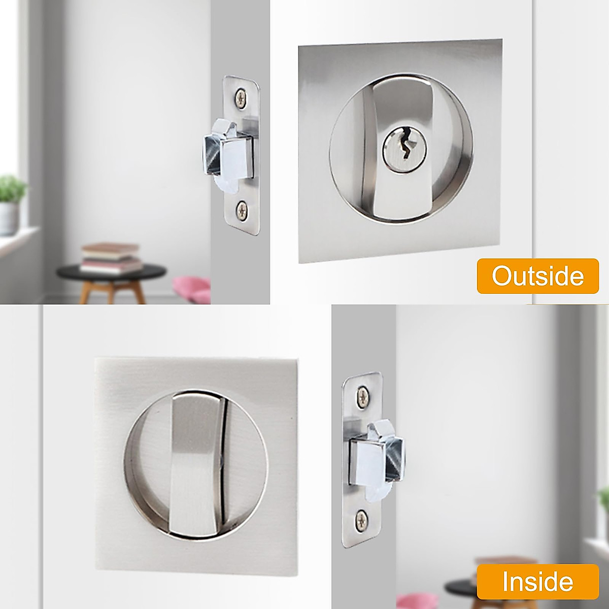 LWZH Brushed Silver Privacy Pocket Door Lock with Keys,Square Sliding Barn Door Lock Latch,Invisible Recessed Door Lock for 1 3/8” to 2 3/16” Thickness Door