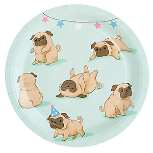 144 Piece Pug Party Supplies, Dog Birthday Decorations with Paper Plates, Napkins, Cups, and Cutlery (Serves 24)