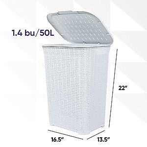 Wicker Laundry Hamper With Lid 50 Liter - White Laundry Basket 1.40 Bushel Durable Bin With Cutout Handles - Easy Storage Dirty Cloths in Washroom Bathroom, Or Bedroom. By Superio