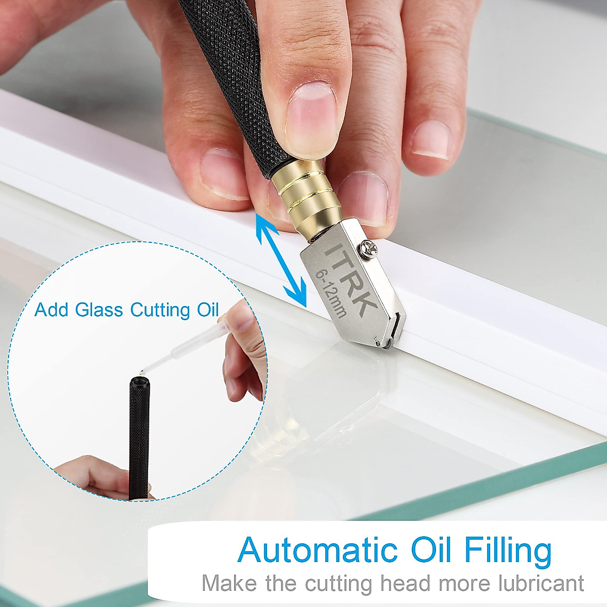 Glass Cutter 2mm-20mm, Upgrade Glass Cutting Tool with Glass Cutting Oil, Pencil Style Oil Feed Carbide Tip Glass Cutter for Mirror/Tiles/Mosaic.