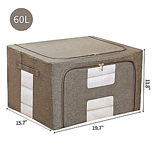 BESTUNIHOM Stackable Oxford Storage Bins with Transparent Windows for Clothing, Quilts, Blankets, Foldable Bedroom Storage Closet Organizers, 2 Pcs Brown 60L SNX-NJB012PBR60