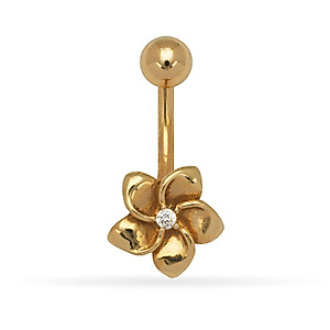 JewelryWeb Solid 14k Gold CZ Cubic Zirconia Plumeria Flower Curved Barbell Belly Button Navel Ring Dangle Piercing (8mm x 20mm) (yellow-gold)