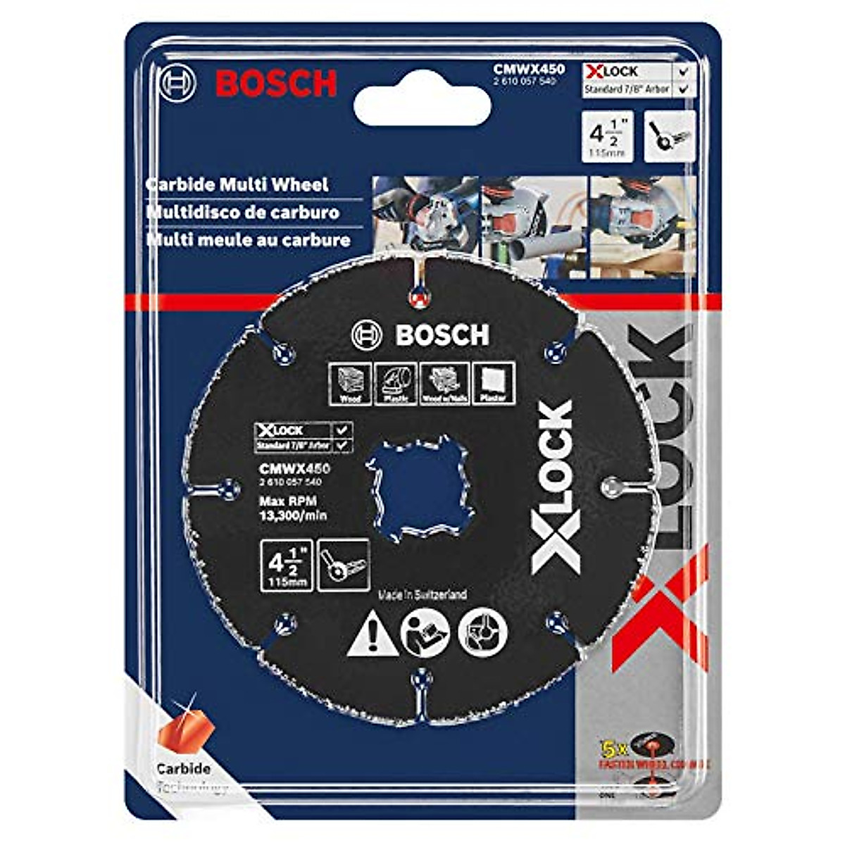 BOSCH CMWX450 4-1/2 In. X-LOCK Carbide Multi-Wheel Compatible with 7/8 In. Arbor for Applications in Cutting Wood, Wood with Nails, Plastic, Plaster