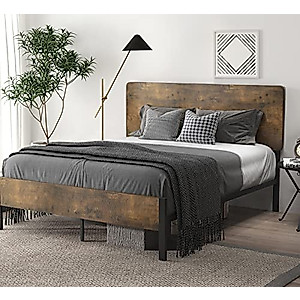 SHA CERLIN Queen Size Metal Platform Bed Frame with Wooden Headboard and Footboard/Mattress Foundation/No Box Spring Needed/Non-Slip Without Noise/Black&Brown