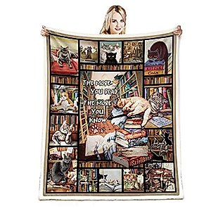 CYREKUD Book Lovers Gifts Throw Blanket,Cat Gifts for Cat Lovers Blanket,Cat Lover Gifts for Women,Gifts for Book Lovers, Soft Cat and Books Blanket for Sofa Couch Beds Decoration Christmas 50x60