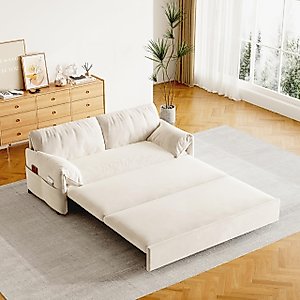 3 in 1 Convertible Queen Sleeper Sofa Bed Comfy Pull Out Futon Couch Bed 63.8" Modern Velvet Recliner Loveseat Sofa Multi-Functional Black Cloud Couch for Living Room,Apartment,Office (Beige 63.8in)