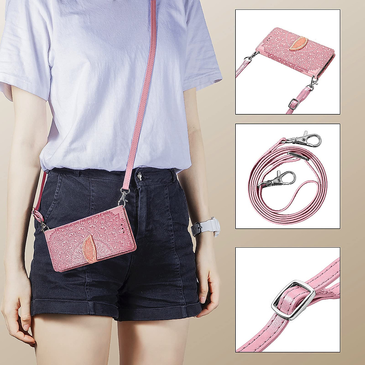 ONV Wallet Case Compatible with Samsung Galaxy S9 Plus -1.5M Adjustable Strap Emboss Feather Flip Phone Case Card Slot Magnet Leather Shell Flip Stand Cover for Samsung Galaxy S9 Plus [MZY] -Pink