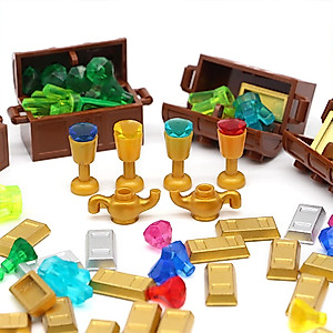 Feleph Treasure Accessories Money Building Blocks Set Jewel Chest, Gems Diamonds, Bullion Gold Tile Silver Bar, Power Crystals, Coins, Goblet, 100 Dollar Bill Cash Toy Brick