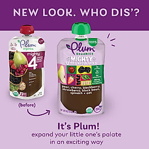 Plum Organics Mighty 4 Organic Toddler Food - Pear, Cherry, Blackberry, Strawberry, Black Bean, Spinach, and Oat - 4 oz Pouch (Pack of 12) - Organic Fruit and Vegetable Toddler Food Pouch