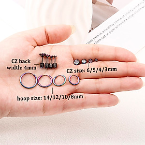 Titanium Screw Back Stainless Steel Stud and Hoop Earrings for Women Men (Black Set-Rainbow CZ)