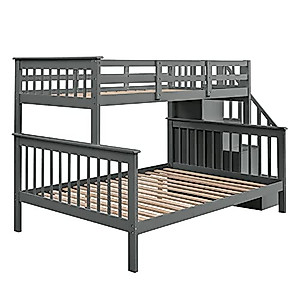 TARTOP Stairway Twin Over Full Bunk Bed with Storage Staircase and Full-Length Guardrails, Solid Wood Bunkbeds BedFrame for Kids Teens Adults Bedroom,Gray