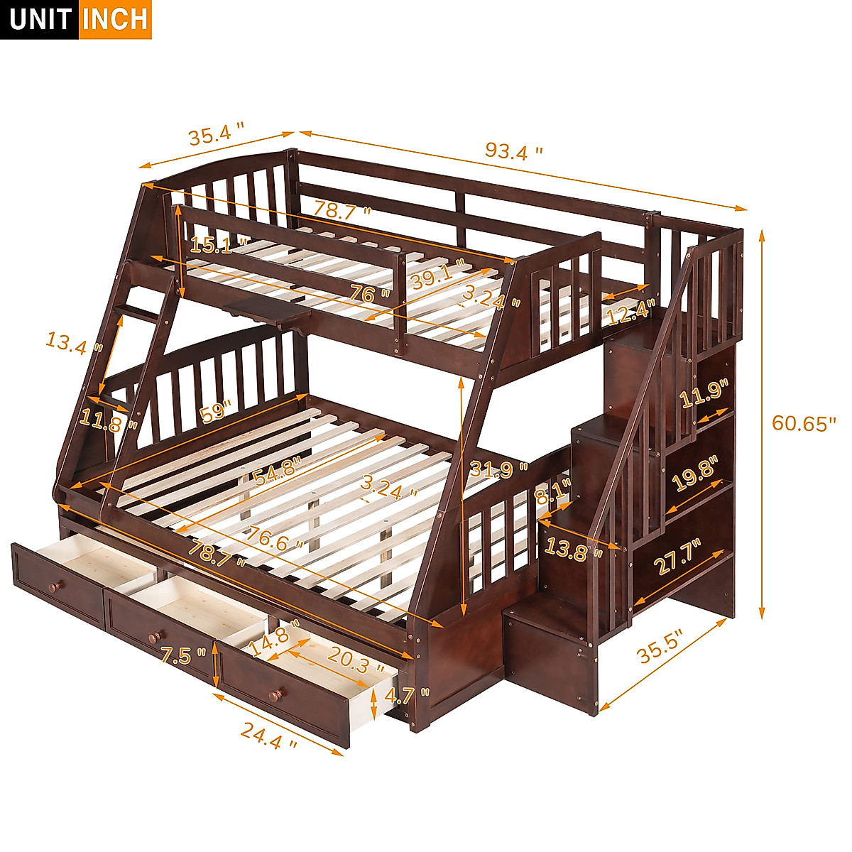 Bellemave Twin Over Full Bunk Bed with Stairs and Storage Drawers, Wood Bunk Bed Frame with Three Drawers and Shelves, Modern Detachable Bunked Frame for Kids Boys Girls Teens, Espresso