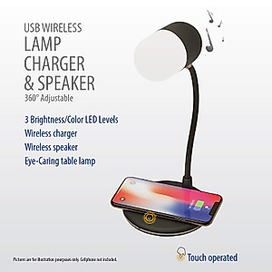 Led desk lamp with QI wireless smart charger. Home office bedside table night light lamp. Bluetooth connected speaker. 3 lighting color changing modes and touch control. Nightlight lamps for bedrooms.