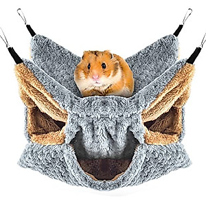 TINDTOP Small Animals Hammock, Ferret Sugar Glider Triple Bunk Bed Cage Warm Plush Hanging Hammock Bed Hideout for Hamster Guinea Pig Rat Ferret Chinchilla (Grey)