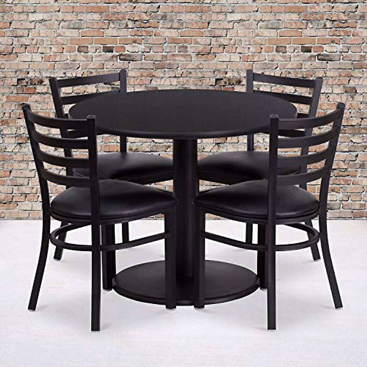 Flash Furniture 36'' Round Black Laminate Table Set with Round Base and 4 Ladder Back Metal Chairs - Black Vinyl Seat