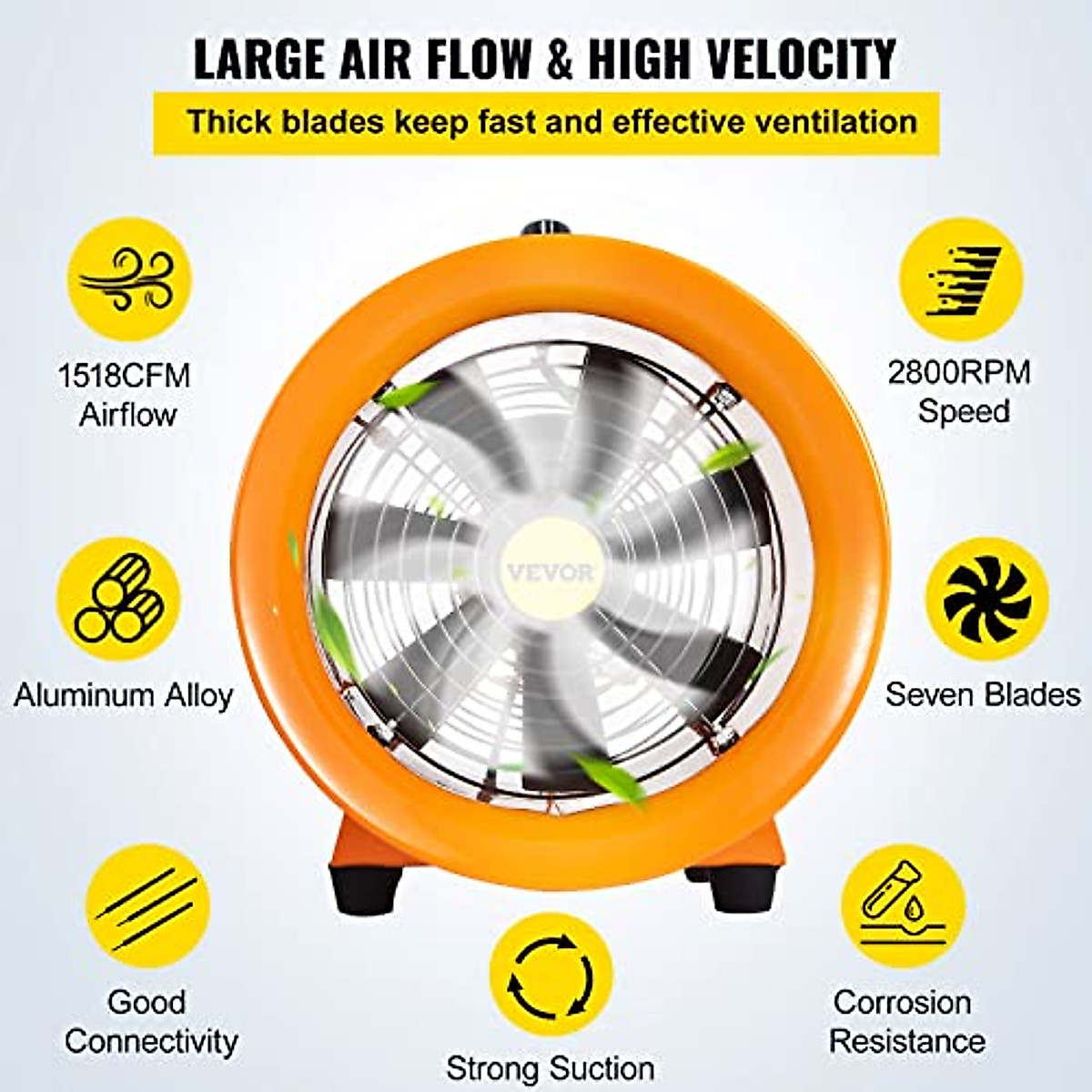 VEVOR Utility Blower Fan 10 inch with 10M Duct Hose,250MM Portable Ventilator,0.45HP 1520 CFM High Velocity Utility Blower,Mighty Mini Low Noise,for Factories Basements Shipyards Farm