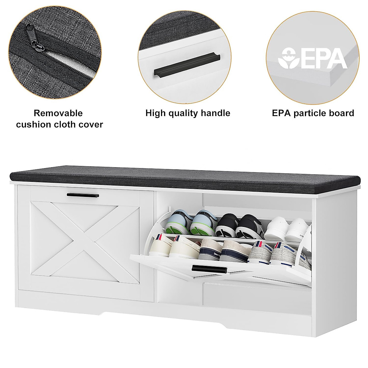 Homleke Shoe Storage Bench with 2 Flip Drawers, Entryway Bench with Padded Seat Cushion, Shoe Cabinet with 2 Barn Doors, 11.8" D x 47.2" W x 18.4" H, for Entryway, Living Room, Bedroom, White