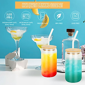 ABuff 8 Pcs Can Shaped Glass Cups with Lids and Straws 16 Oz Beer Can Glass cups Iced coffee cups with Bamboo lids and straws, Mason Glass Tumbler for Soda Smoothie Boba Cocktail - with 2 Brushes
