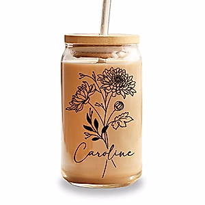 Personalized Name Birth Flower Glass Cup Custom Ice Coffee Bridesmaid Gift Her Friend Birthday Mother's Day Bachelorette Party Aesthetic Boho Floral Beer Can Tumbler Bamboo Lid Straw