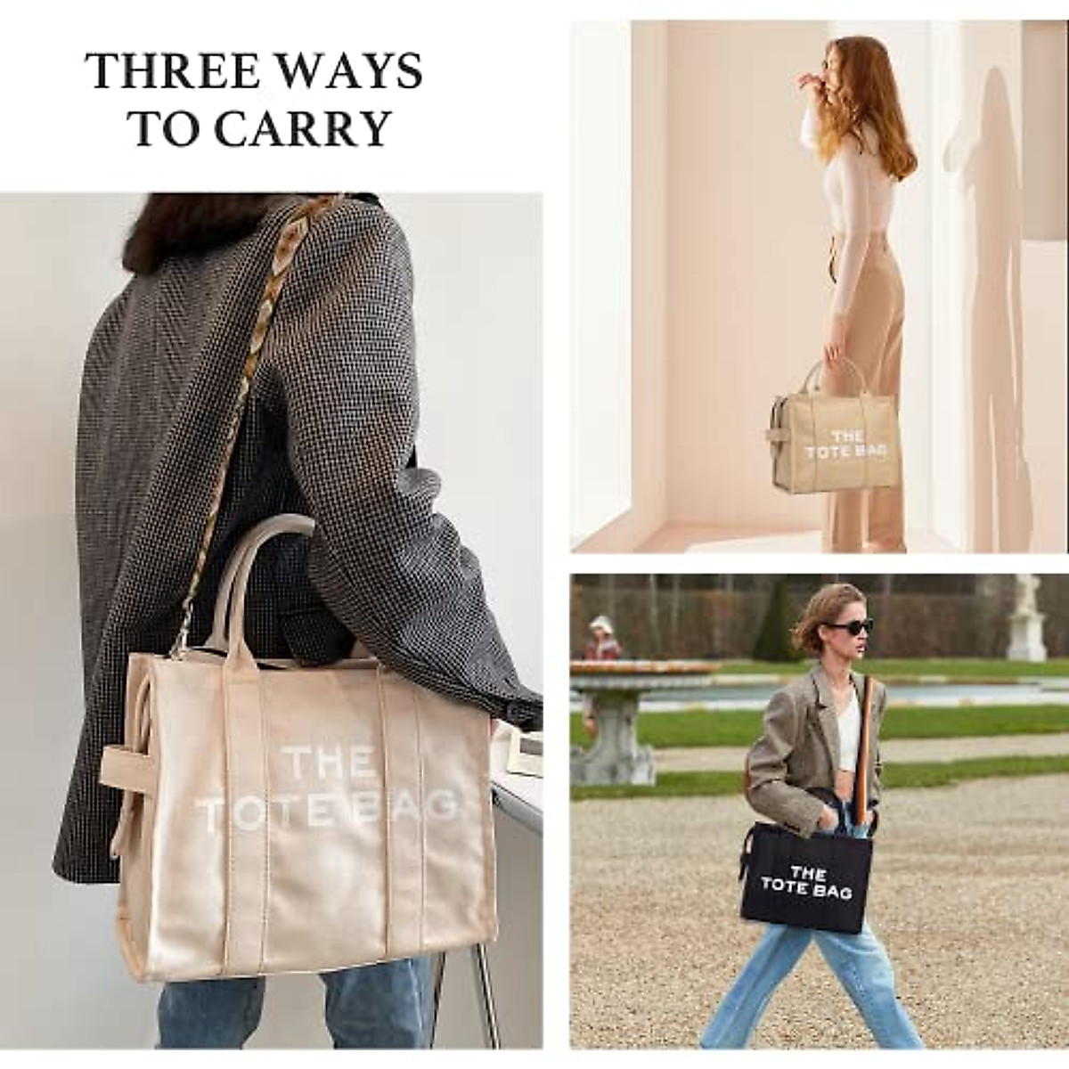 The Tote Bags for Women Travel Handbag Canvas Shoulder Bag with Zipper Crossbody Purse for Office, Travel, School (White)