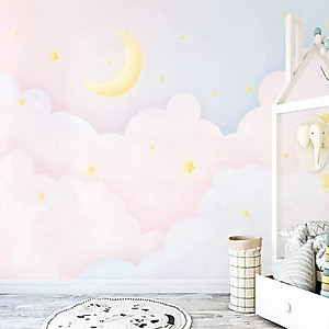 Cartoon Moon Clouds Stars 3D Wallpaper Mural, Cute Pink Clouds Photo Mural Wallpaper, Wall Murals Space for Kids Room Living Bedroom Sofa TV Background Decor - 144"x 100"(W x H)