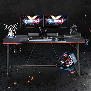 DESINO Gaming Desk 55 inch PC Computer Desk, Home Office Desk Gaming Table Z Shaped Gamer Workstation with Cup Holder and Headphone Hook, Black