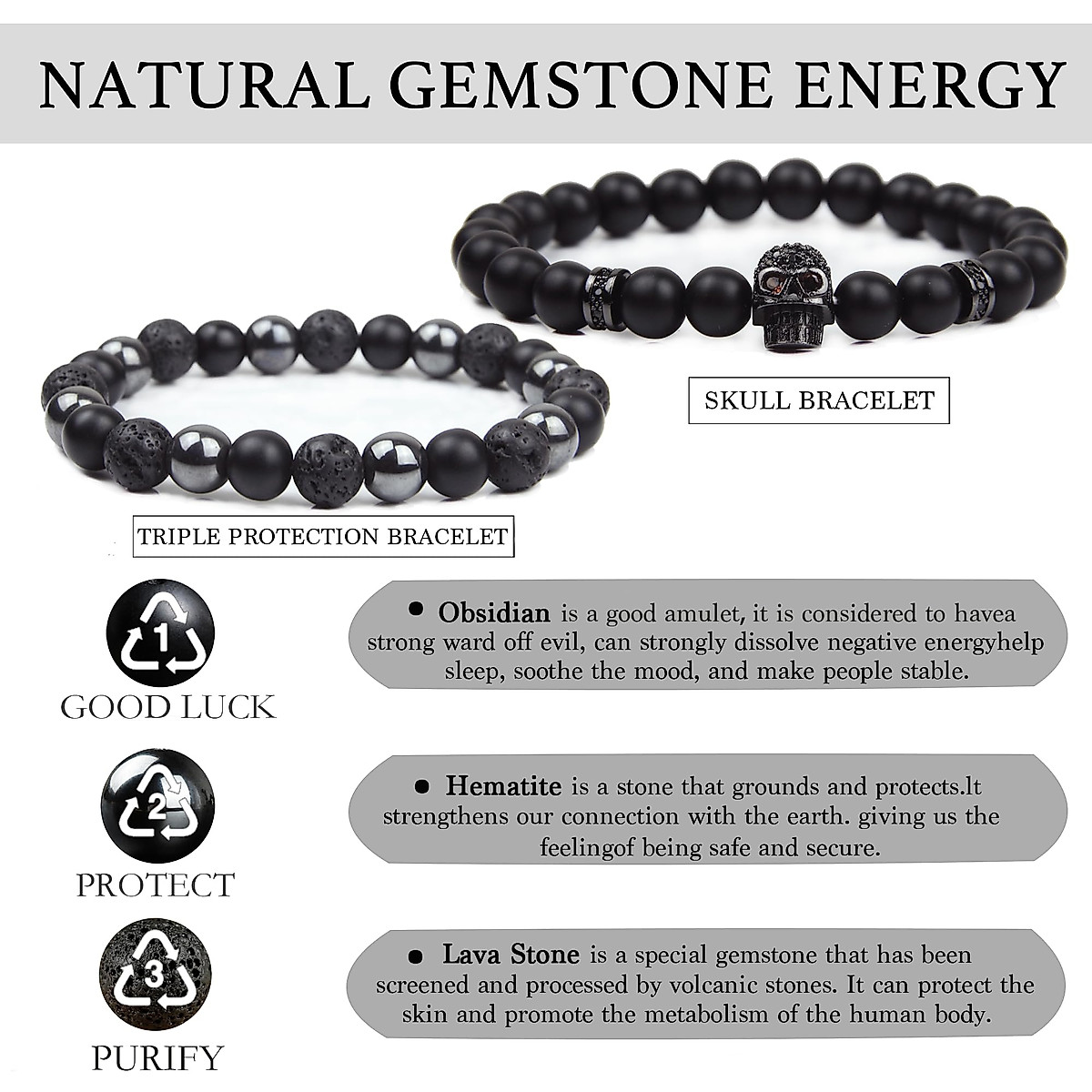 Black Obsidian Bracelet - Skull Bracelet - Tourmaline Beaded Bracelets - 8MM Black Onyx Hematite Lava Stone Beads Triple Protection Bracelet for Men Women Gifts