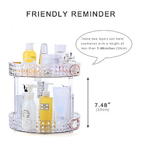 ROWNYEON Rotating Makeup Organizer 2 Tier Skincare Organizers with handle Bathroom, Diamond Texture Perfume Organizer Makeup Carousel for Vanity, Cabinets, Pantry, Fridge, Countertops, Kitchen