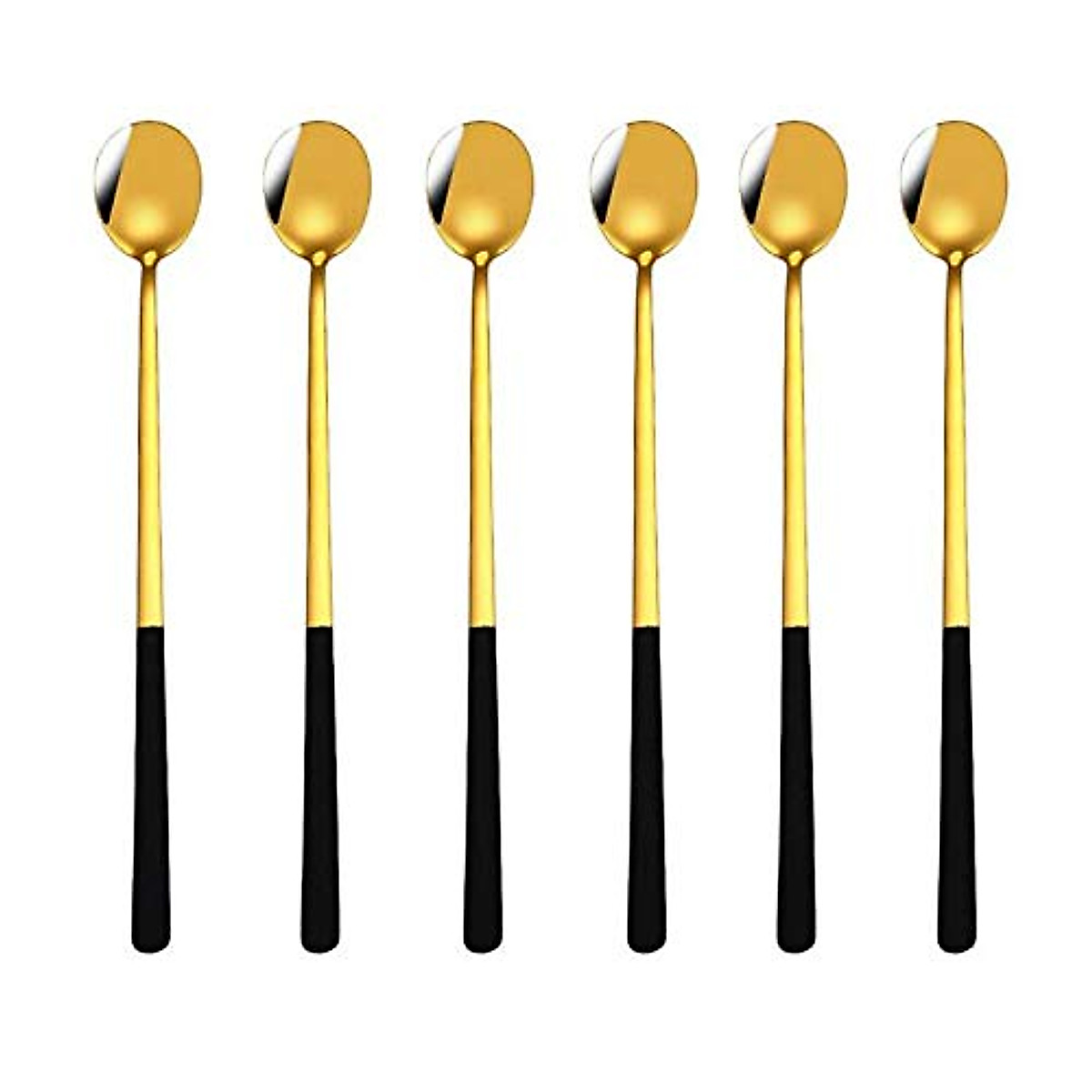 MBBITL 6-Pack Black Gold 9" Ice Coffee Spoon Iced Teaspoon for Mixing Cocktail Stirring Tea Milkshake Cold Drink Stainless Steel
