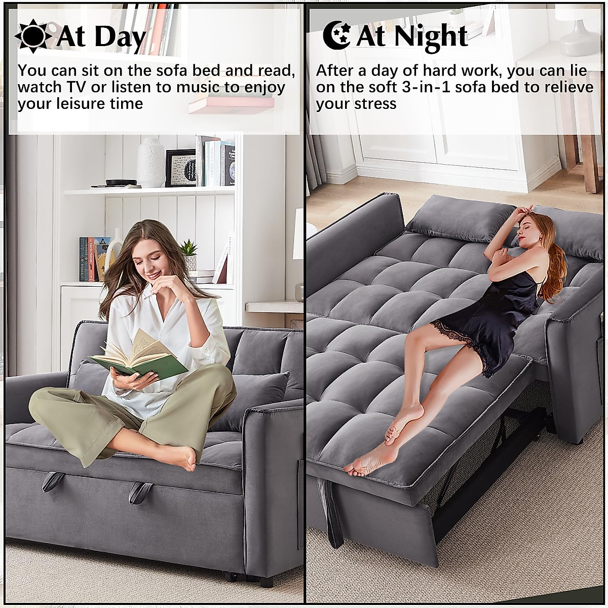 SPOWAY 3 in 1 Sleeper Sofa Couch Bed, Velvet Convertible Sofa Bed with Armrests, Storage Pockets & 2 Pillows, Modern Sofa Bed Couch for Living Room Apartment Bedroom Office, Dark Grey