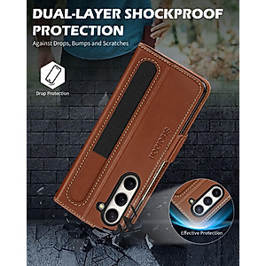 SHIELDON Case for Galaxy Z Fold 5, Genuine Leather Wallet Shockproof Case Flip Magnetic Kickstand RFID Blocking Credit Card Slot with S Pen Holder Compatible with Galaxy Z Fold5 7.6" - Retro Brown