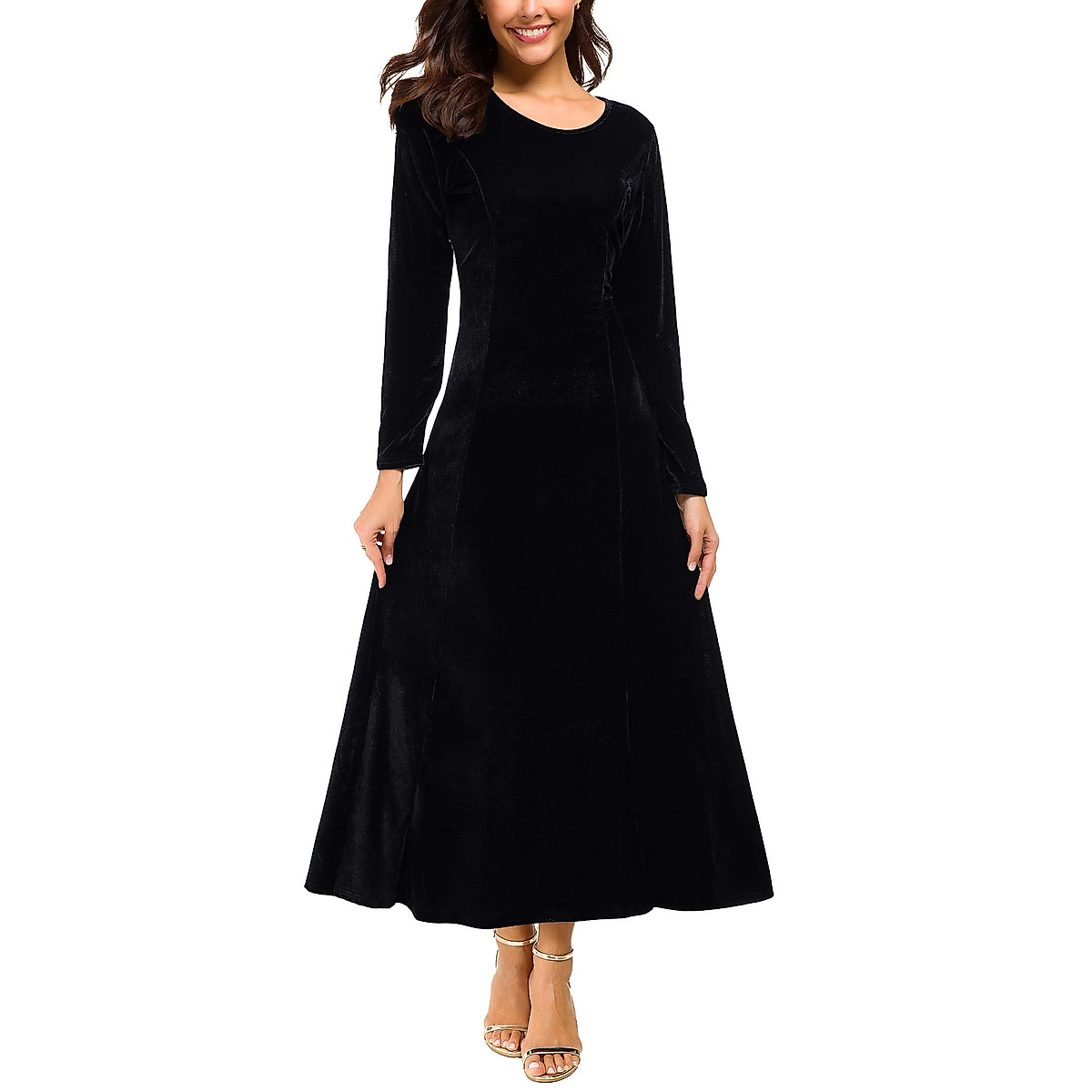 Urban CoCo Women's Elegant Long Sleeve Ruched Velvet Stretchy Long Dress (XL, Black)