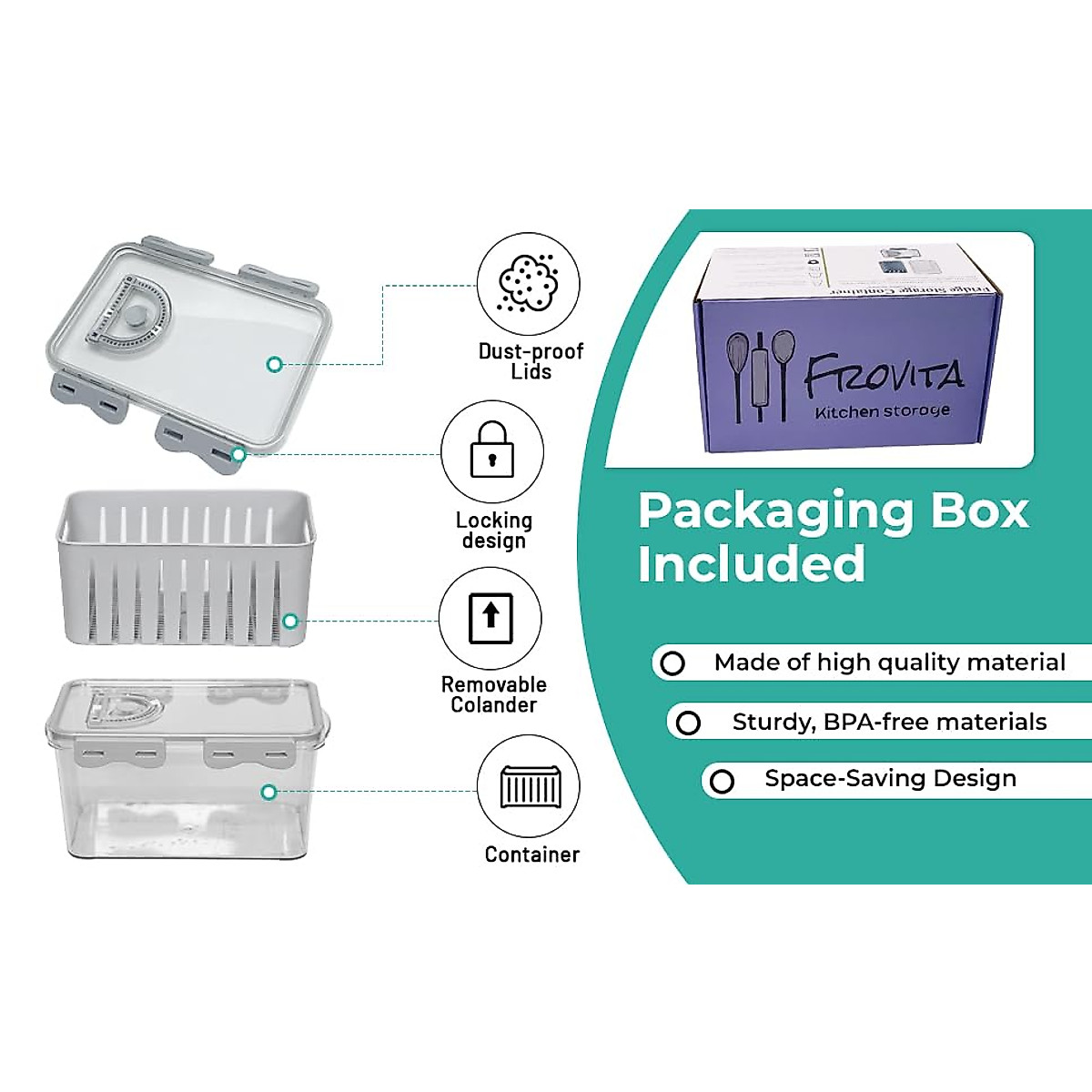 Frovita 3PCS Fruit Containers for Fridge - Airtight Fruit Storage Containers for Fridge with Lids and Strainers - Food Organizer Containers Colander with Built in Month and Date Tracker