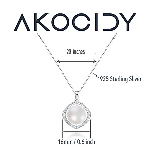 925 Sterling Silver Pearl Pendant Necklace | Freshwater Cultured White 9.5-10mm Real Pearl with Cubic Zirconia for Girl&Women-AKOCIDY